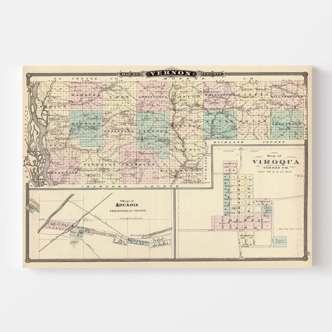 Vernon County WI Map 1878 Old Map of Viroqua Wisconsin Art - Etsy