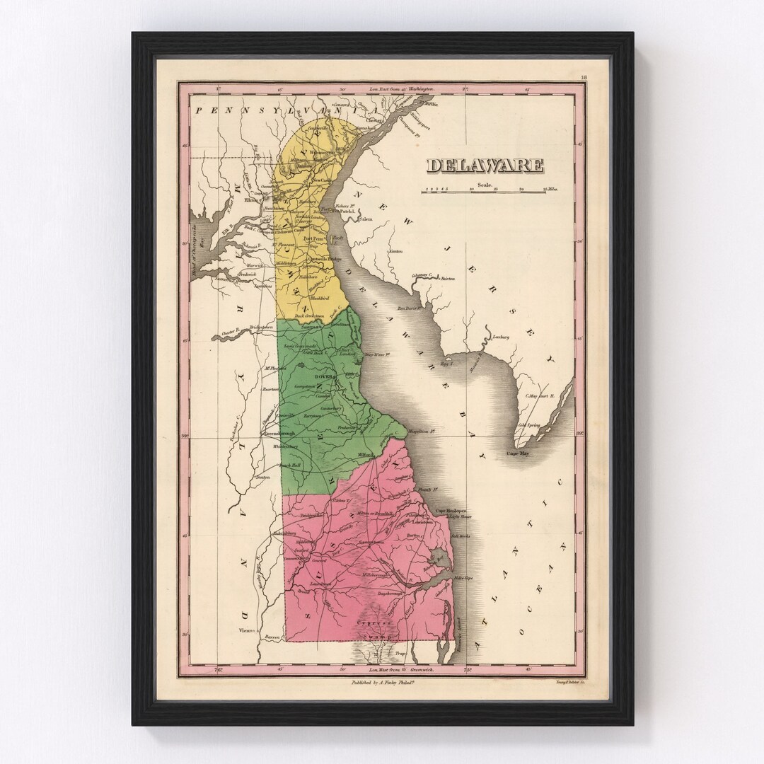 Delaware Map 1824, Vintage Delaware Map, Old Delaware Art, Wall Art ...