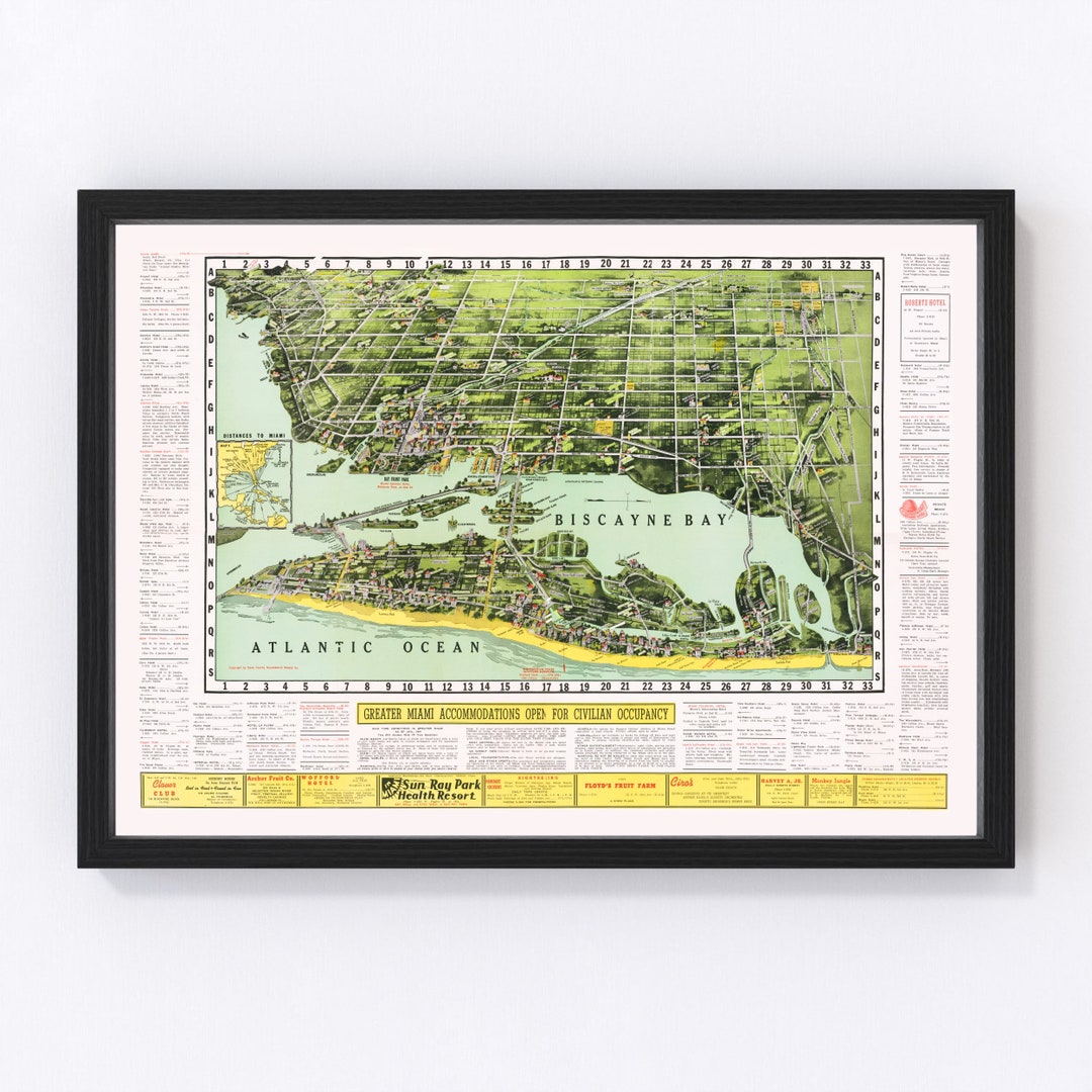 Miami Map 1944 Old Map of Miami Florida Art Vintage Print Framed Canvas ...