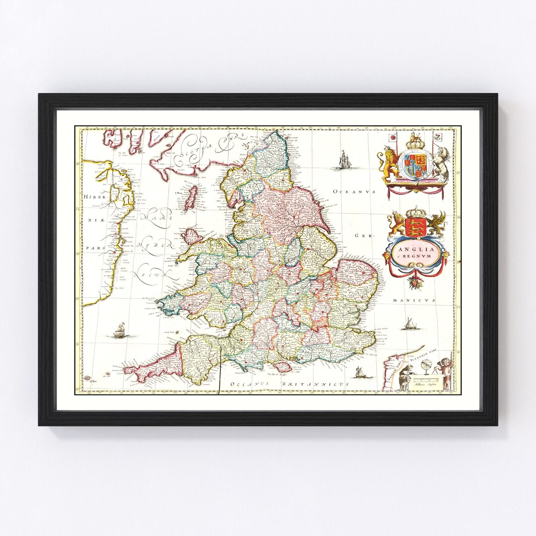 England Map 1665, Vintage England Map, Old England Art, Wall Art Gift ...