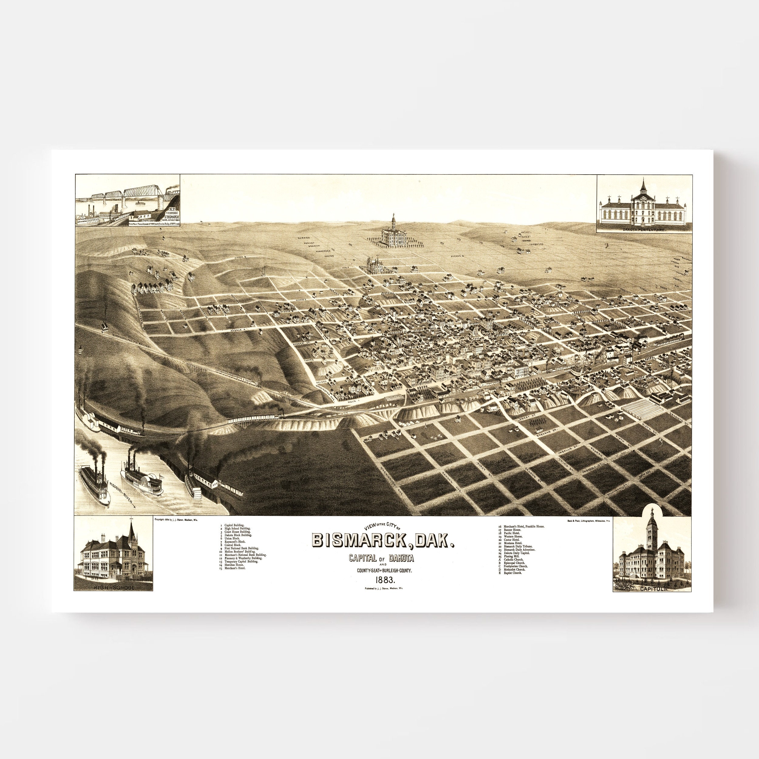 Bismarck Map 1883 - Old Map of Bismarck North Dakota Art Vintage Print ...