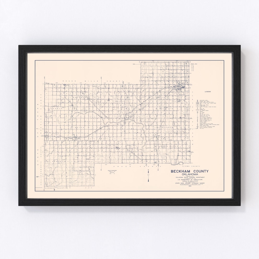 Beckham County OK Map 1936 Old Map of Oklahoma Art Vintage Print Framed ...