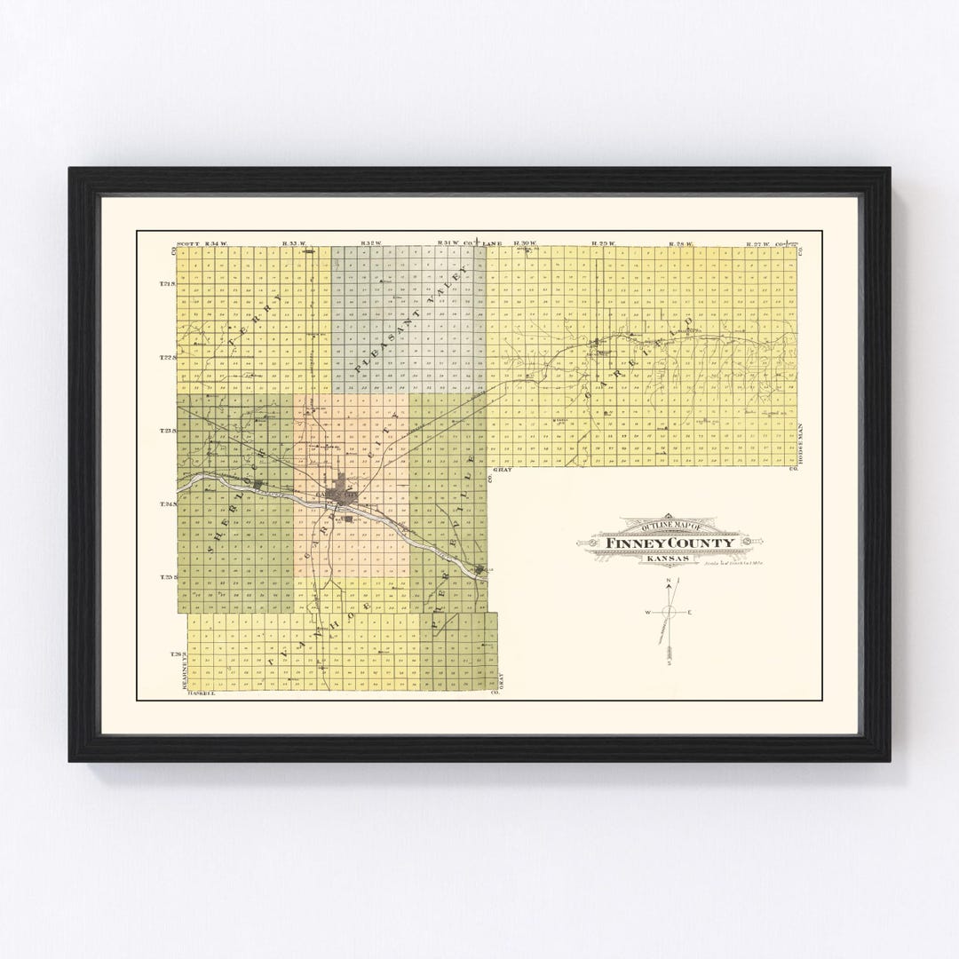 Finney County KS Map 1911 Old Map of Kansas Art Vintage Print Framed ...