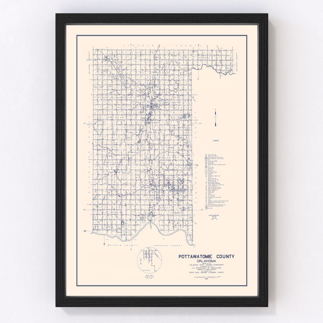 Pottawatomie County Map 1936, Vintage Pottawatomie County Map, Old ...