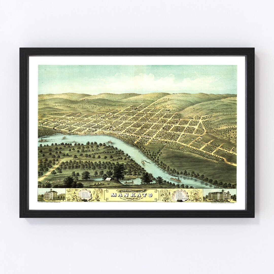 Mankato Map 1870 Old Map of Mankato Minnesota Art Vintage Print Framed ...