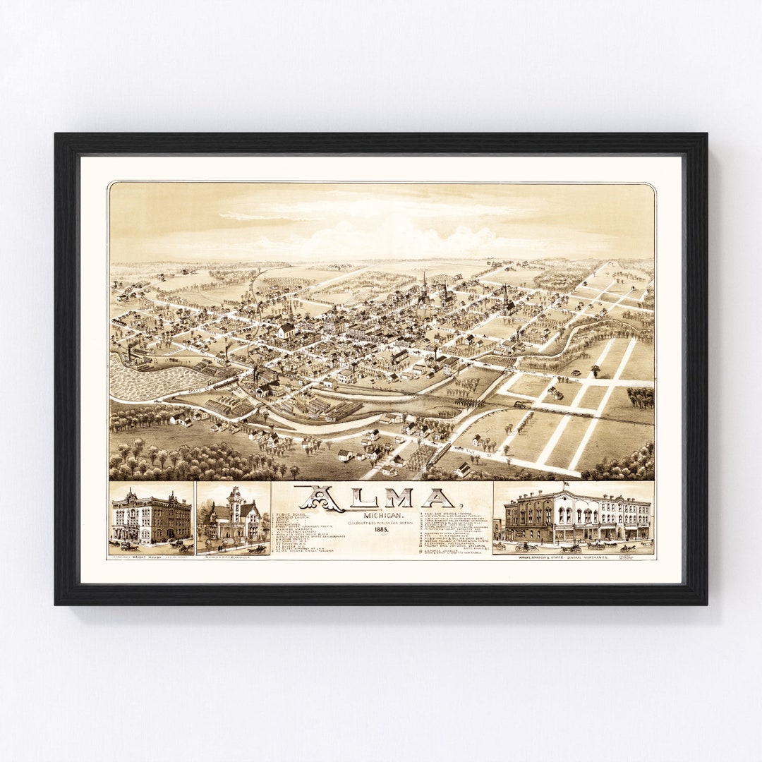 Alma Map 1885 Old Map of Alma Michigan Art Vintage Print Framed Canvas ...