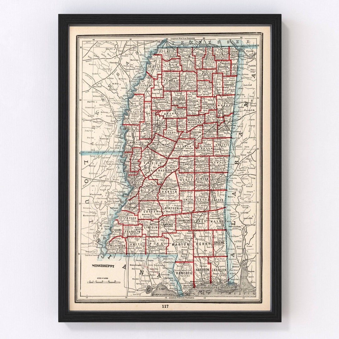 Mississippi Map 1893 Old Map of Mississippi Art Vintage Print Framed ...