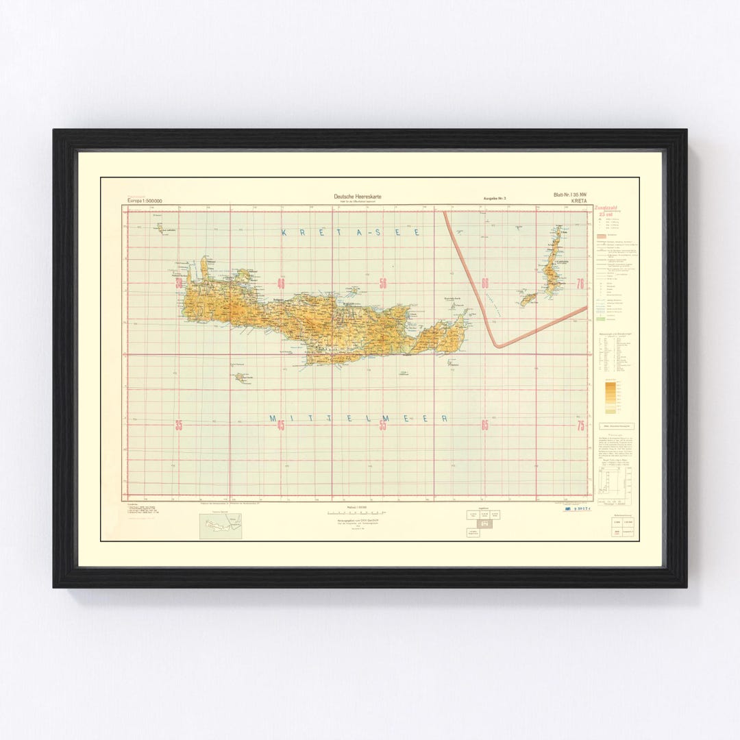 Crete Map 1941, Vintage Crete Map, Old Crete Art, Wall Art Gift for ...
