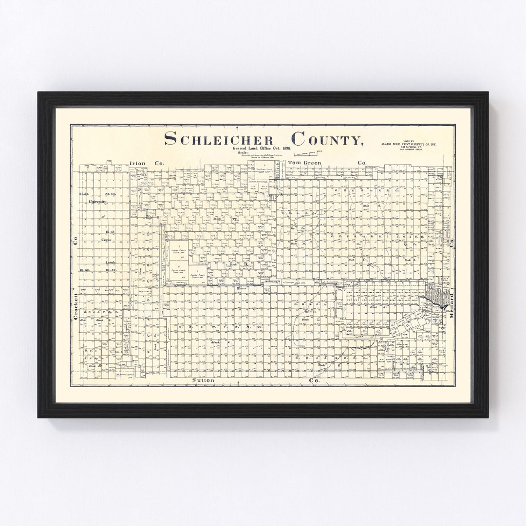 Schleicher County Map 1898, Vintage Schleicher County Map, Old ...