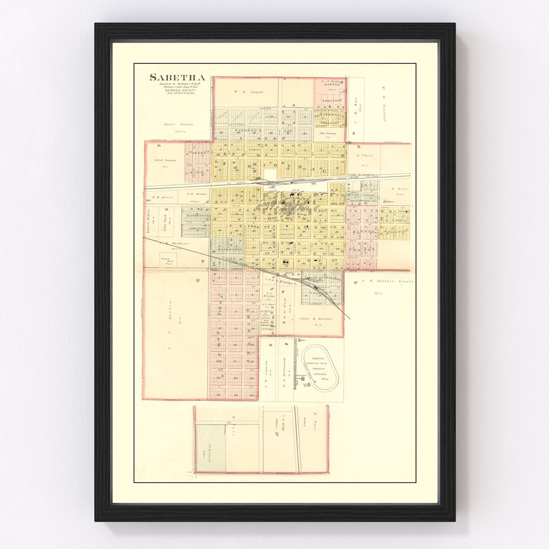 Sabetha Map 1887, Vintage Sabetha Map, Old Sabetha Kansas Art, Wall Art ...