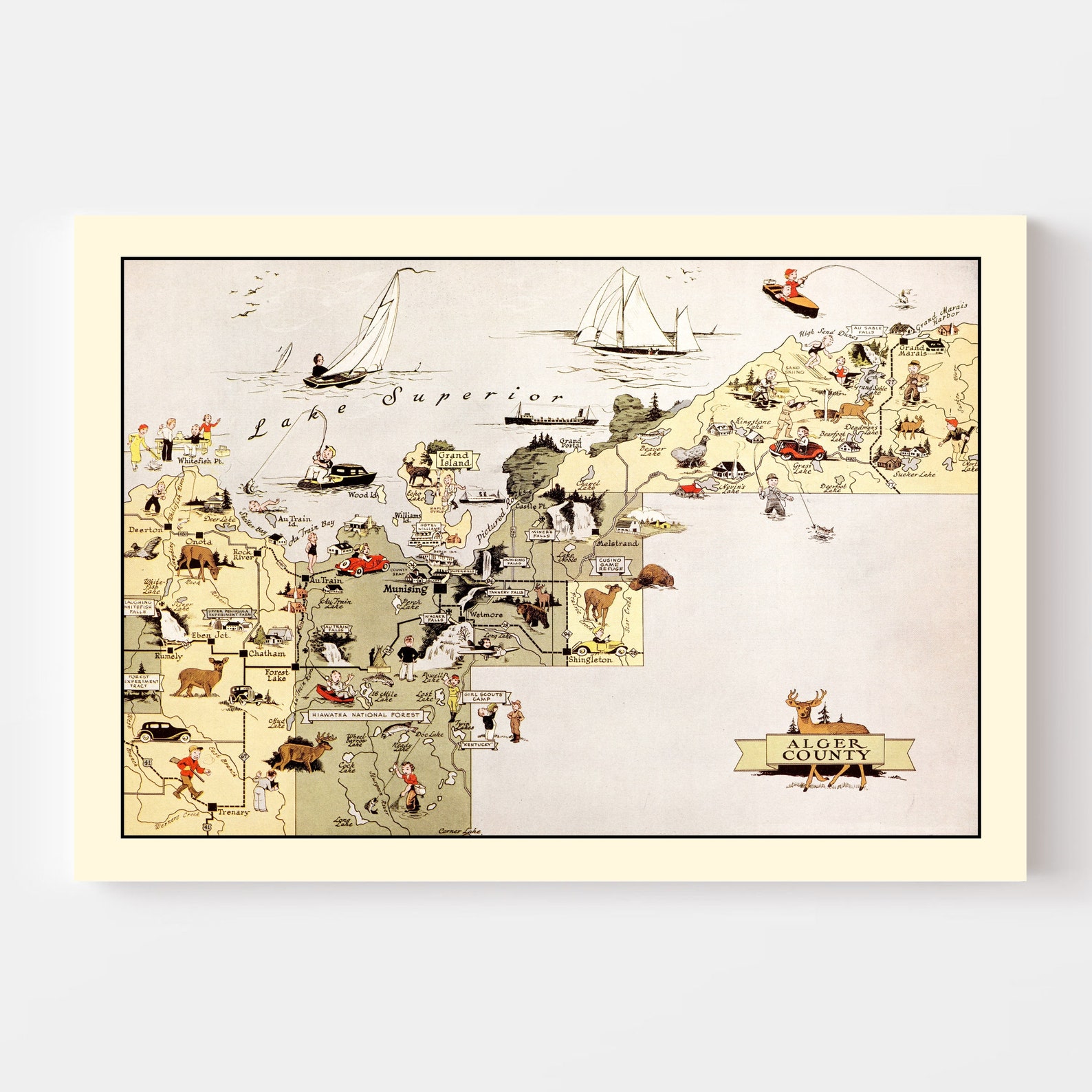 Alger County MI Map 1936 Old Map of Munising Michigan Art - Etsy