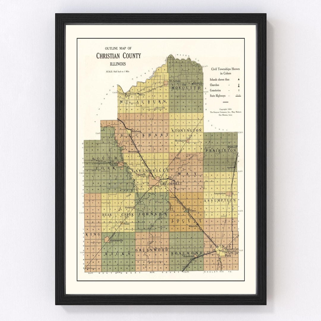 Christian County Map 1924, Vintage Christian County Map, Old Christian ...