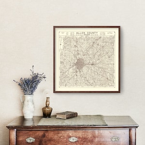 Allen County IN Map 1935 Old Map of Indiana Art Vintage Print Framed ...