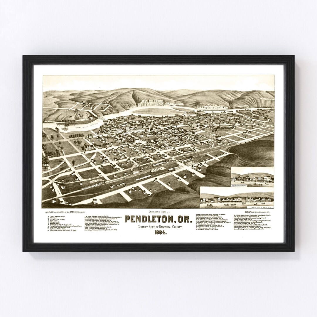 Pendleton Map 1884 Old Map of Pendleton Oregon Art Vintage Print Framed ...