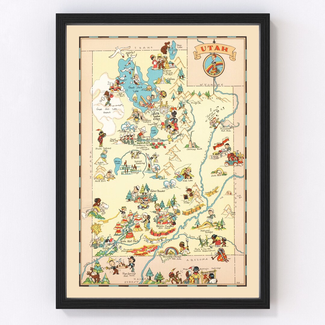 Utah Map 1935, Vintage Utah Map, Old Utah Art, Wall Art Gift for Utah ...