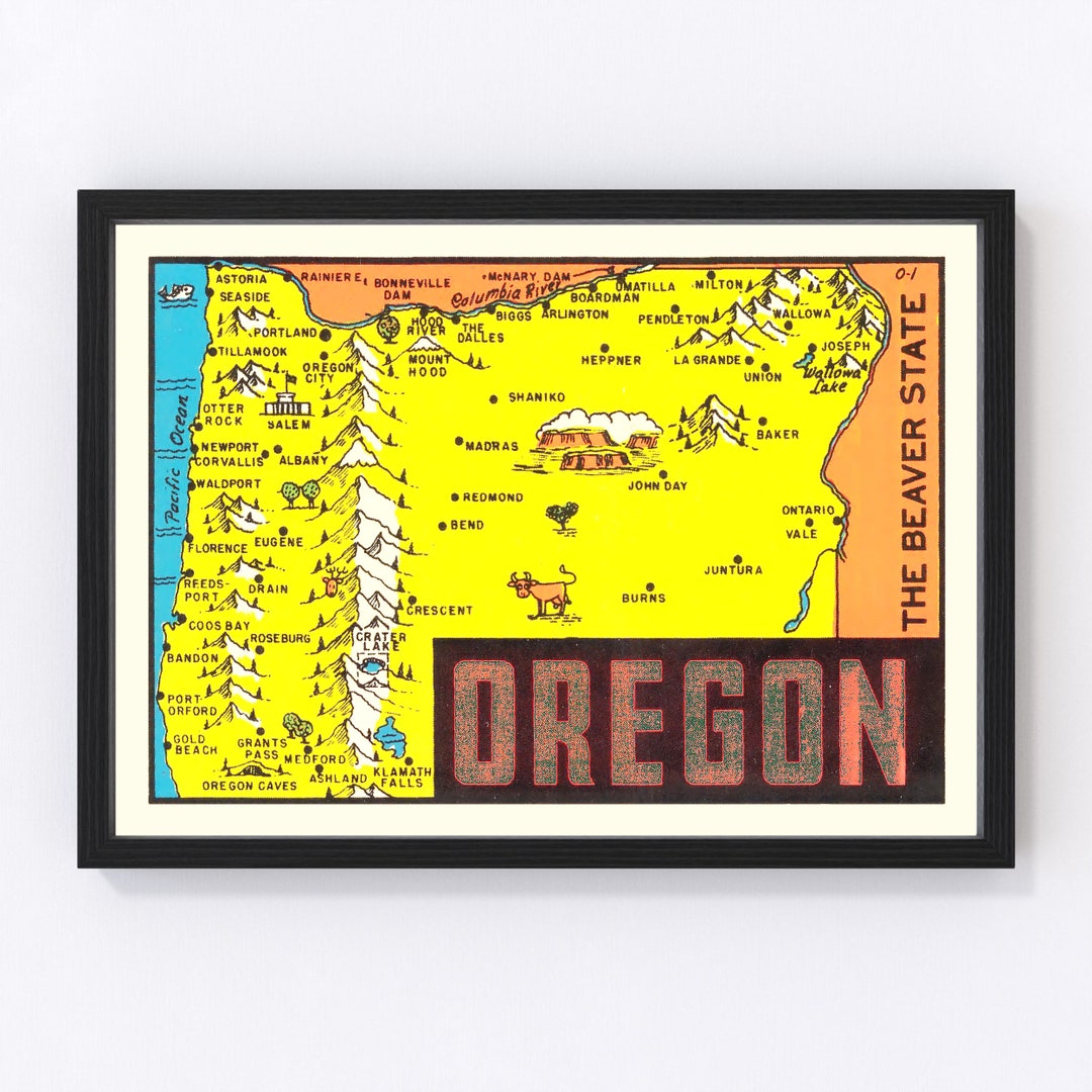 Oregon Map 1960 Old Map of Oregon Art Vintage Print Framed Wall Art ...