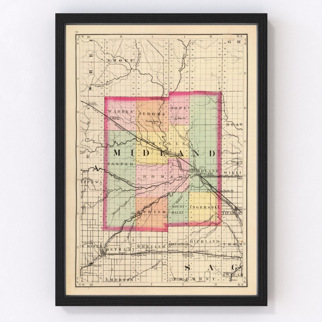 Midland County Map 1873, Vintage Midland County Map, Old Midland County ...