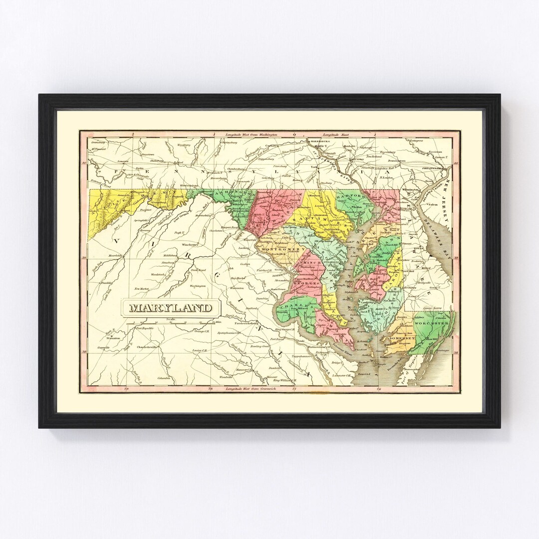Maryland Map 1831, Vintage Maryland Map, Old Maryland Art, Wall Art ...