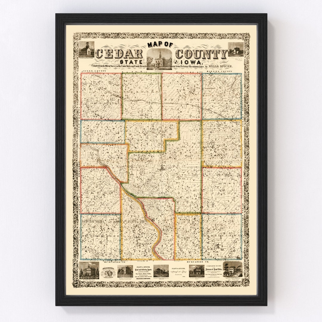 Cedar County Map 1863, Vintage Cedar County Map, Old Cedar County Iowa ...