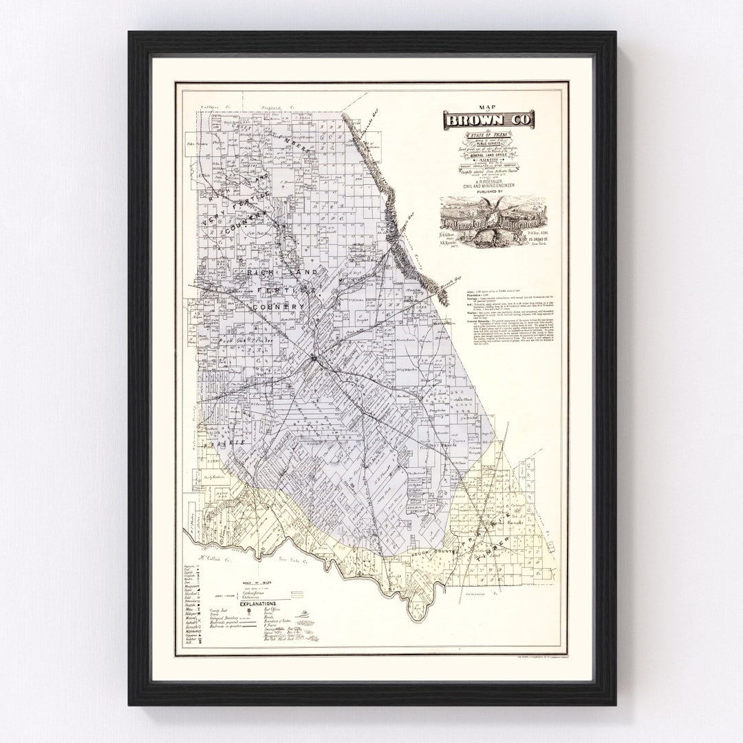 Brown County Texas Map 1876 Old Map of Brown County Texas Art Vintage ...