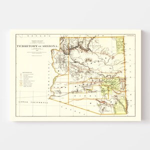 Arizona Map 1876 Old Map of Arizona Art Vintage Print Framed Wall Art ...
