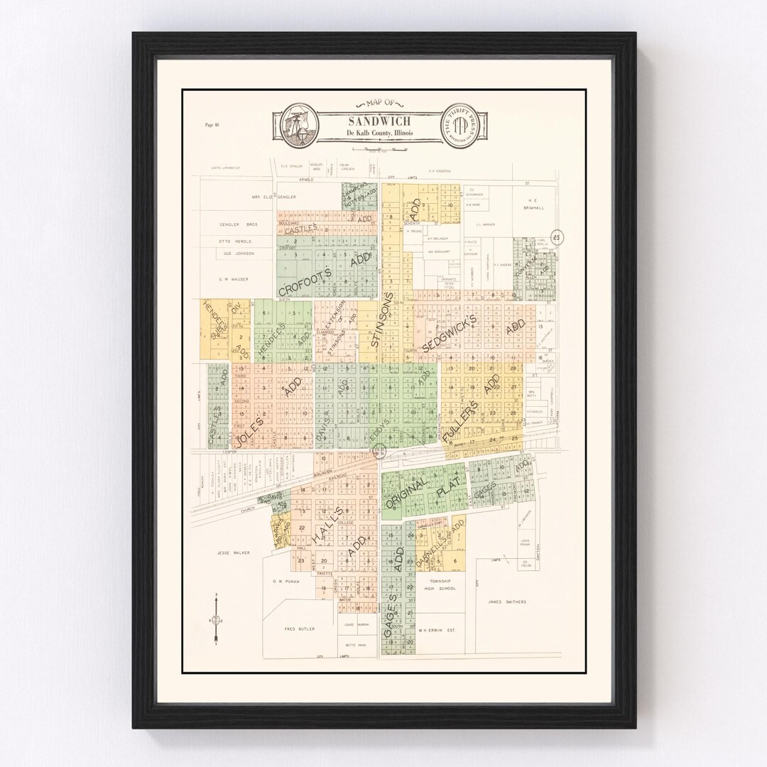 Sandwich Map 1929, Vintage Sandwich Map, Old Sandwich Illinois Art ...