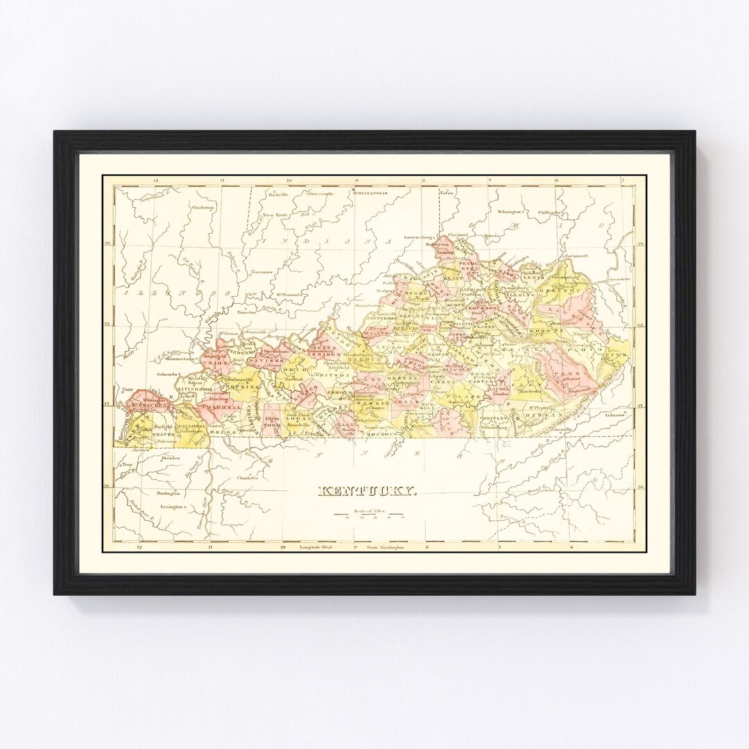 Kentucky Map 1835, Vintage Kentucky Map, Old Kentucky Art, Wall Art ...
