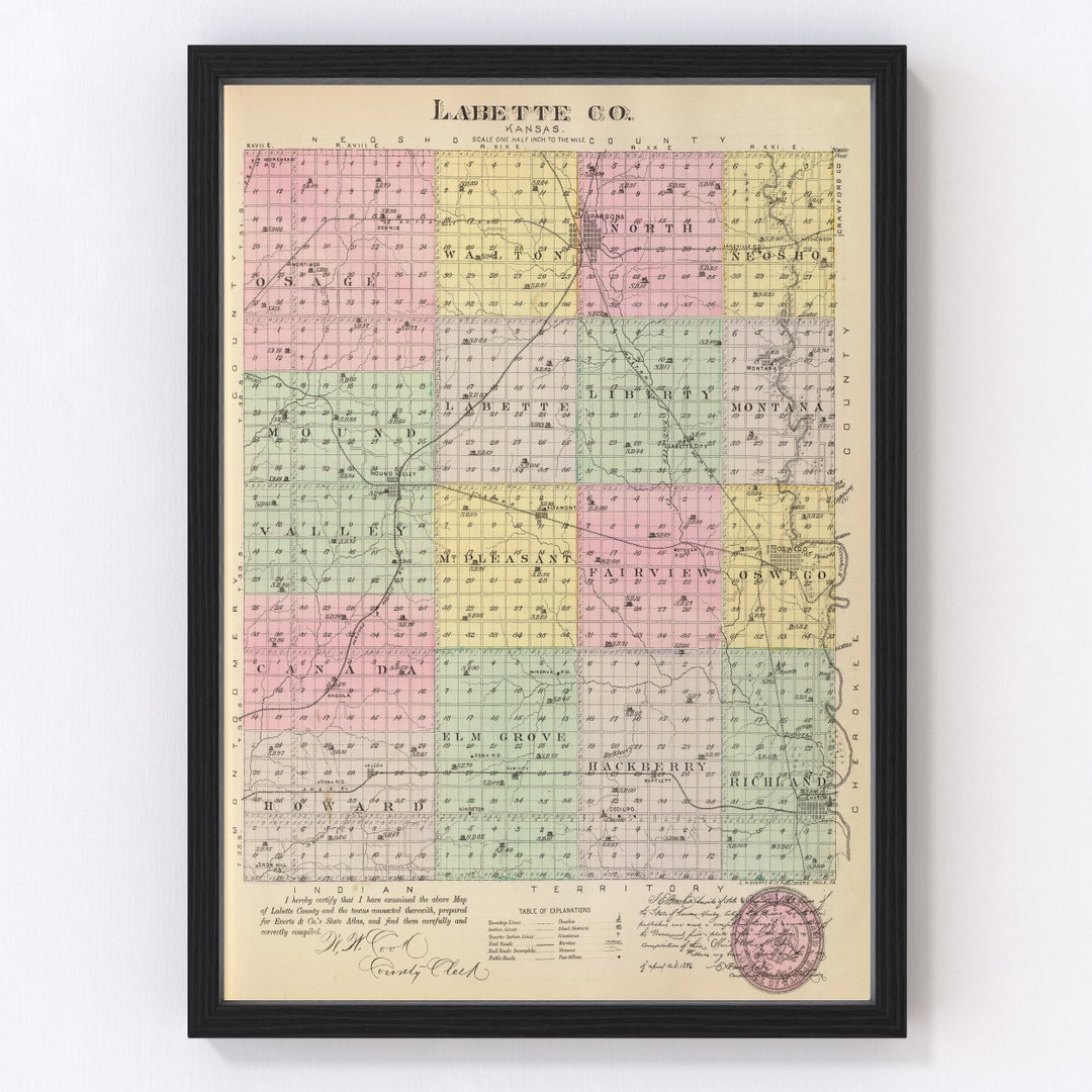 Labette County Map 1887, Vintage Labette County Map, Old Labette County ...