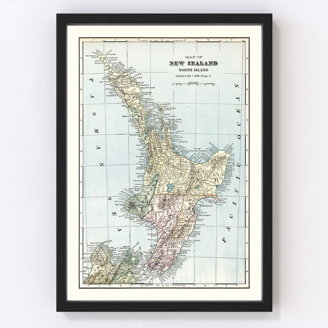 New Zealand north Island Map Art Vintage Print From 1901 Old New ...