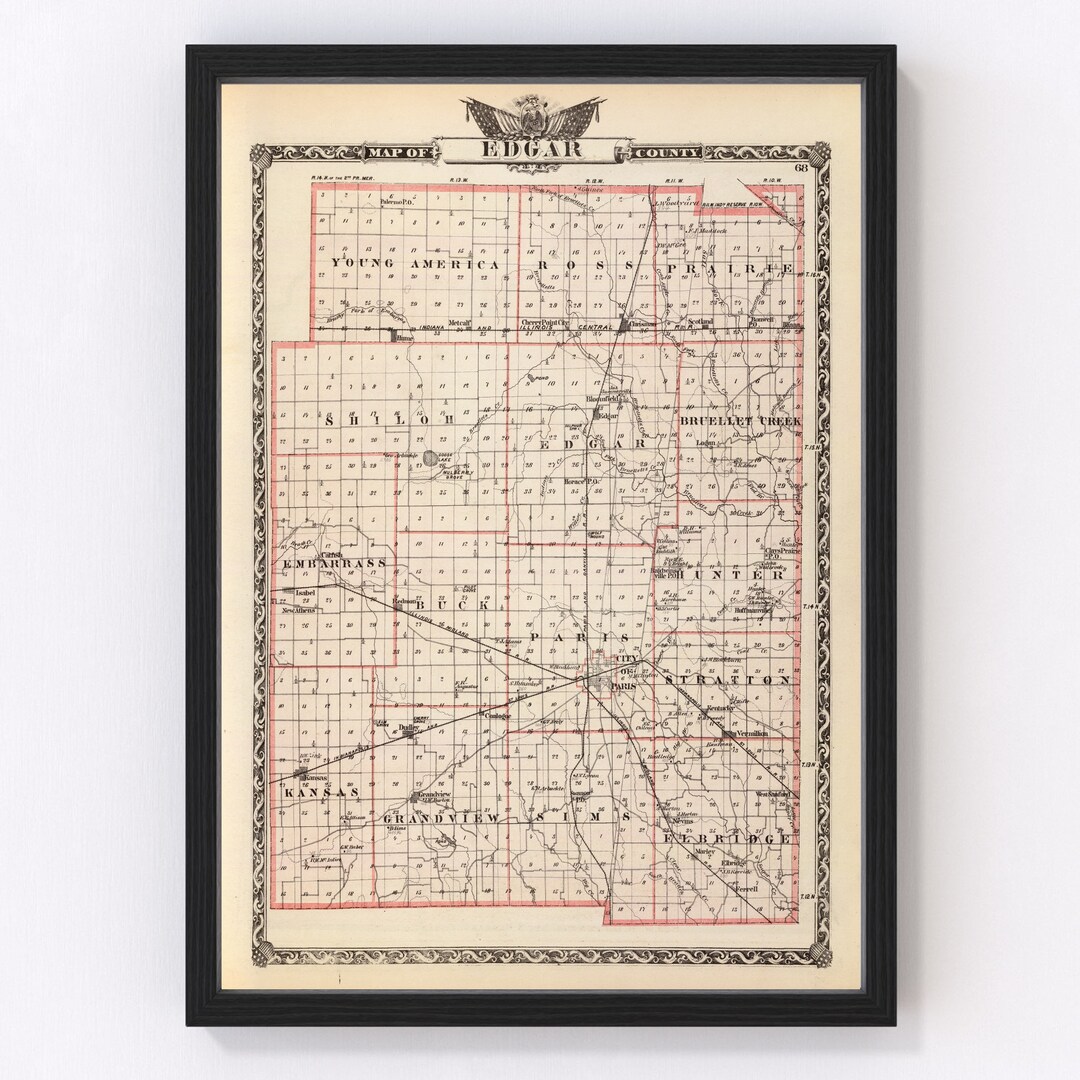 Edgar County Map 1876, Vintage Edgar County Map, Old Edgar County ...