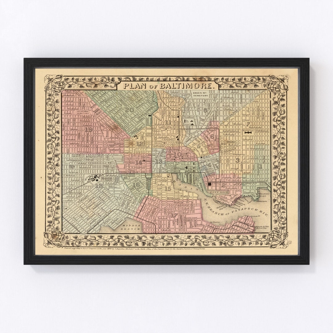 Baltimore Map 1870 - Old Map of Baltimore Maryland Art Vintage Print ...
