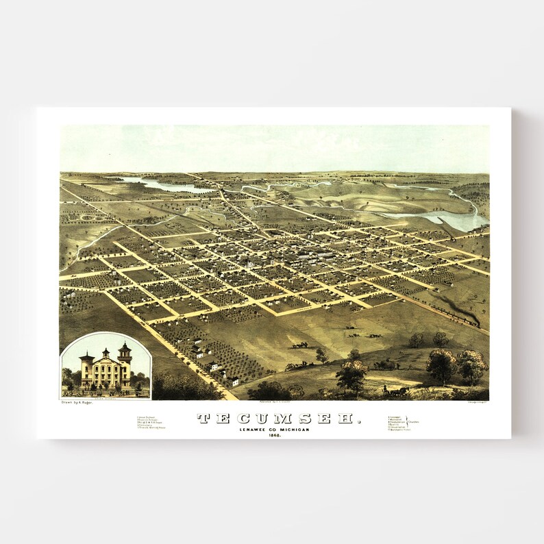 Tecumseh Map 1868, Vintage Tecumseh Map, Old Tecumseh Michigan Art ...