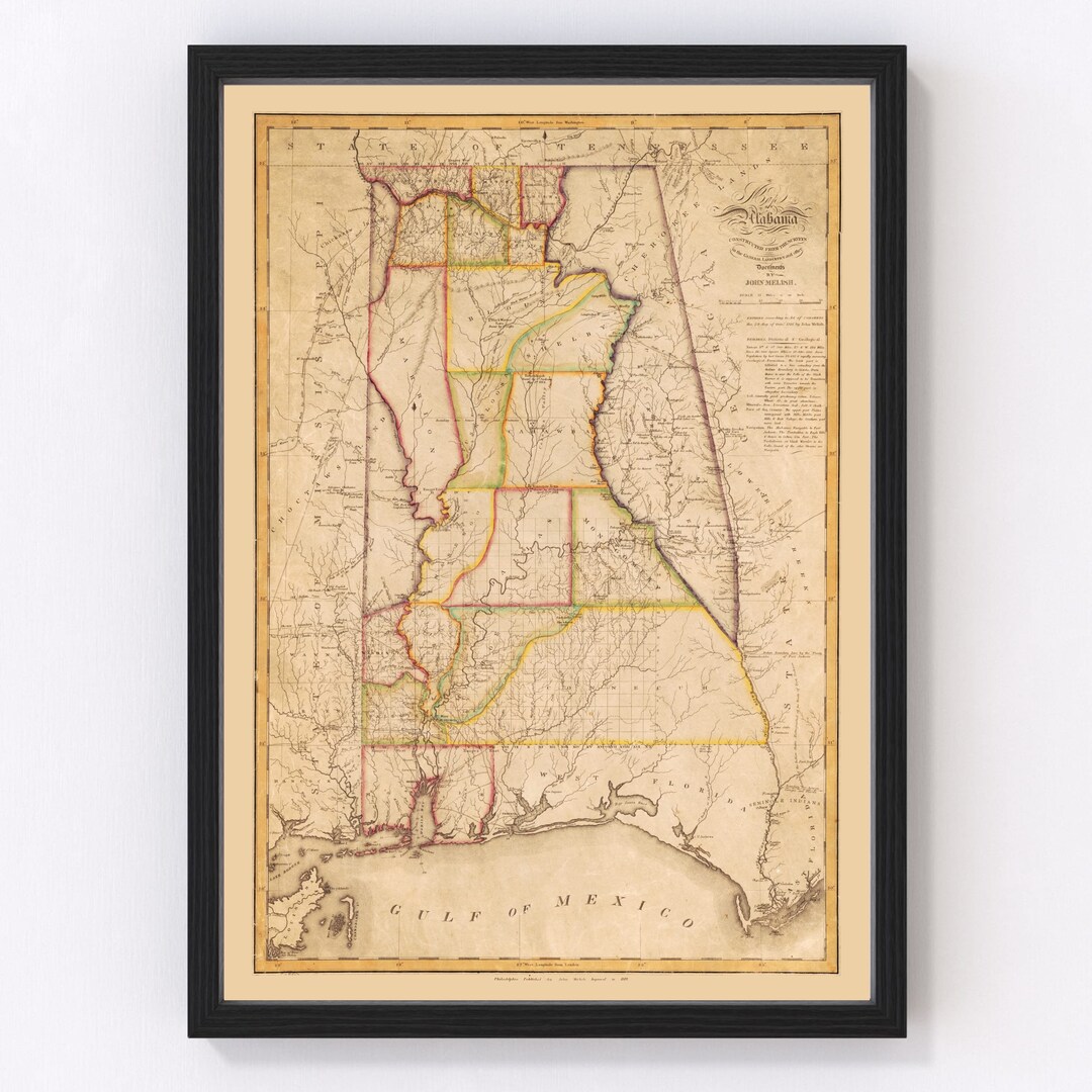 Alabama Map 1818 Old Map of Alabama Art Vintage Print Framed Wall Art ...