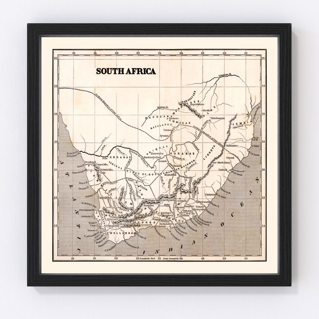 South Africa Map 1848 Old Map of South Africa Art Vintage Print Framed ...