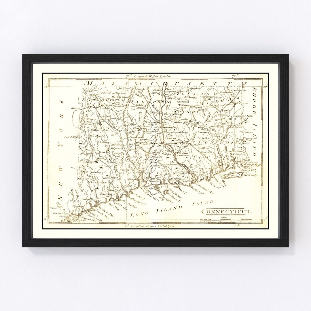 Connecticut Map 1814, Vintage Connecticut Map, Old Connecticut Art ...