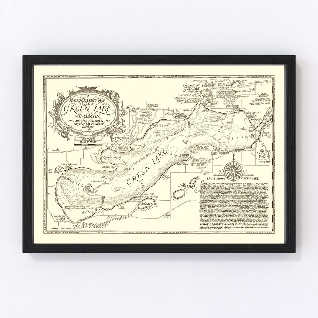 Green Lake Map 1945, Vintage Green Lake Map, Old Green Lake Art, Wall ...