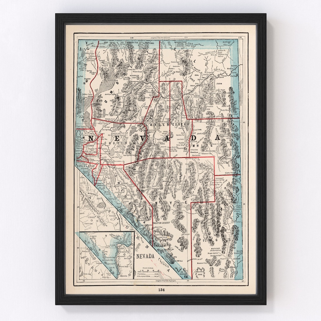 Nevada Map 1893 - Old Map of Nevada Art Vintage Print Framed Wall Art ...