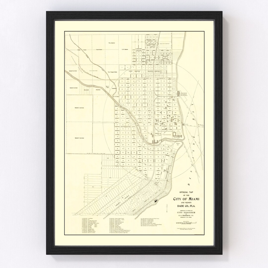 Miami Map 1905 Old Map of Miami Florida Art Vintage Print Framed Canvas ...