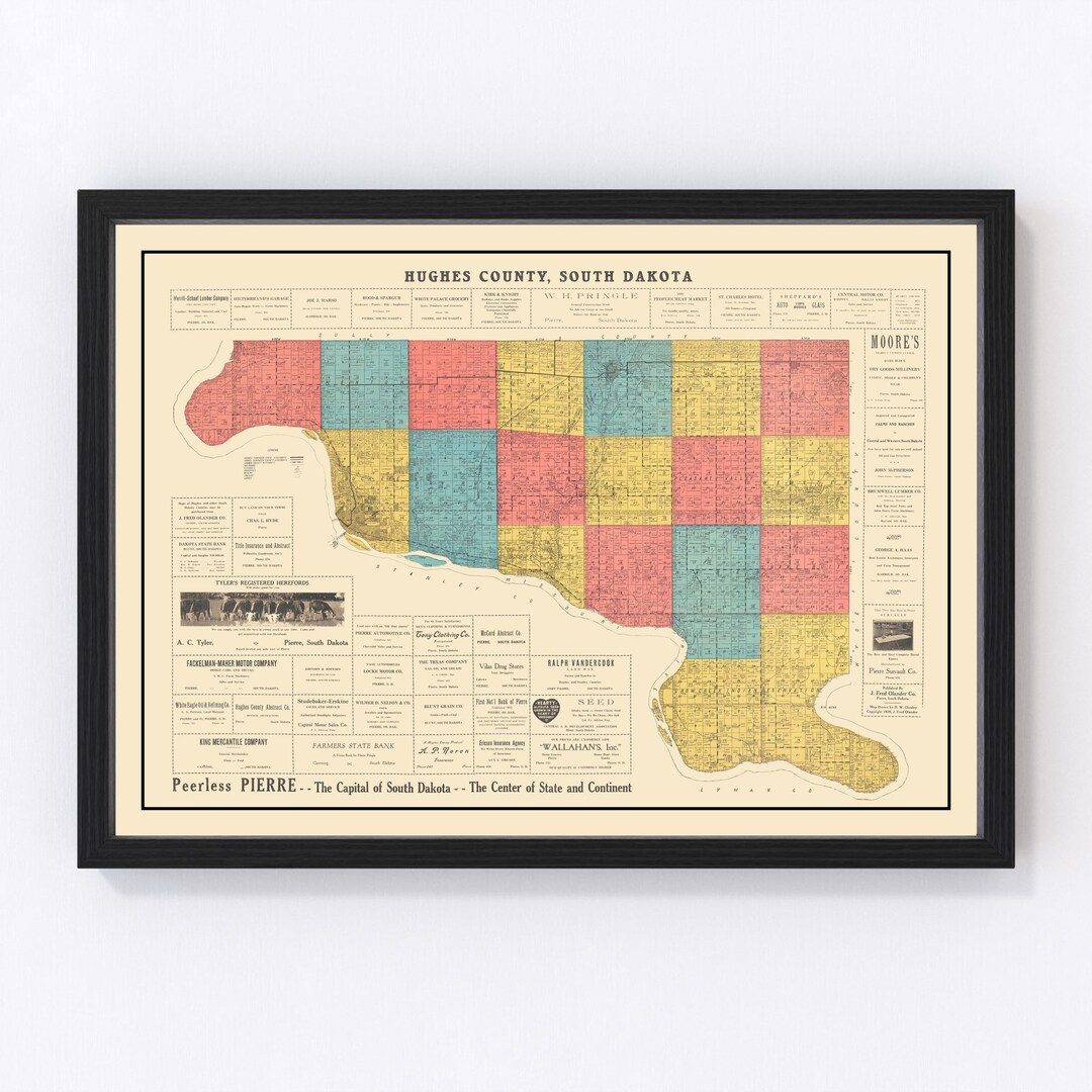 Hughes County SD Map 1929 Old Map of South Dakota Art Vintage Print ...
