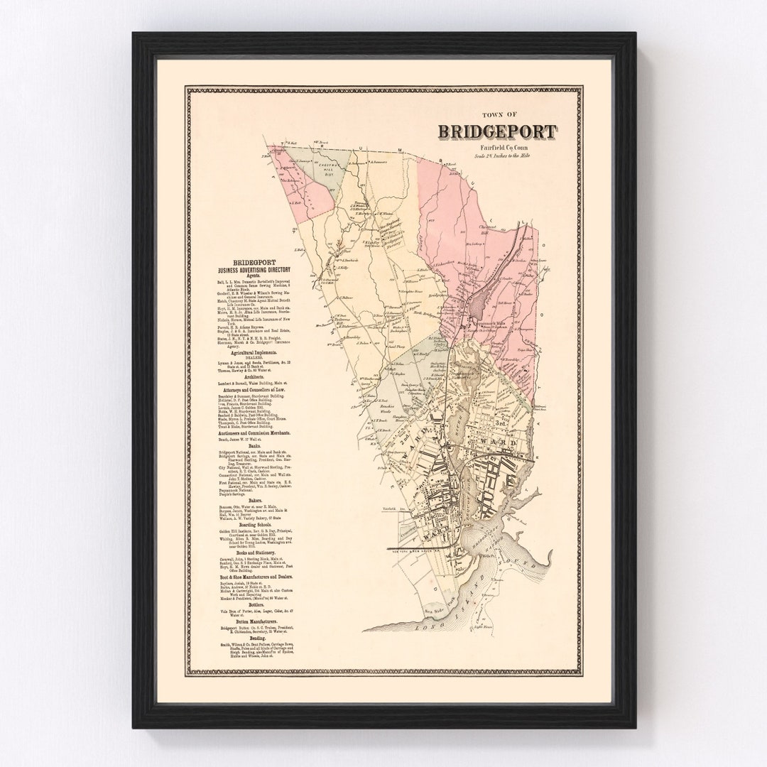 Bridgeport Map 1867 Old Map of Bridgeport Connecticut Art Vintage Print ...