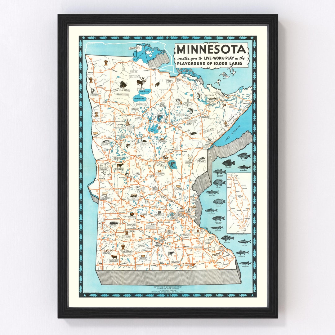 Minnesota Map 1935, Vintage Minnesota Map, Old Minnesota Art, Wall Art ...