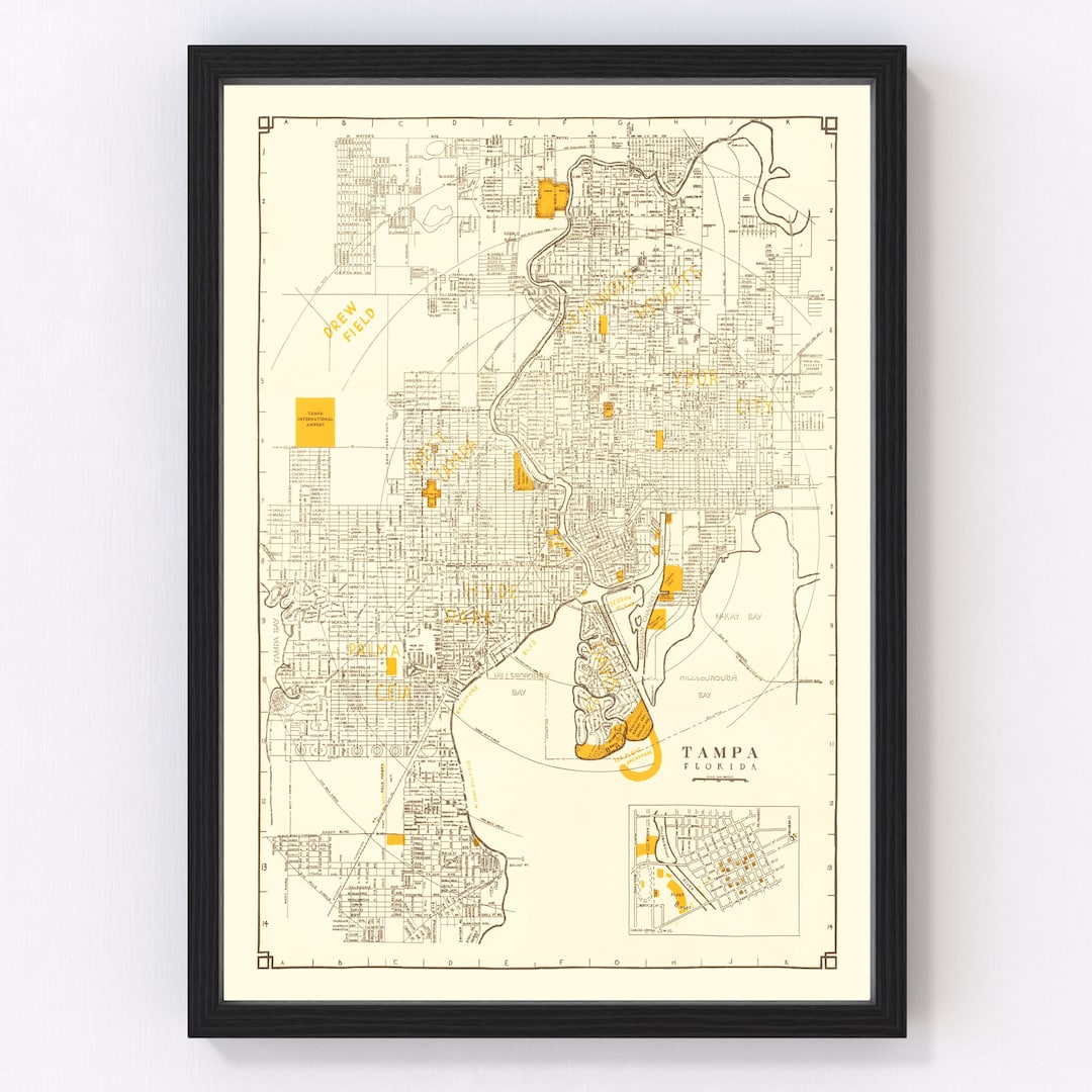 Tampa Map 1947 Old Map of Tampa Florida Art Vintage Print Framed Canvas ...