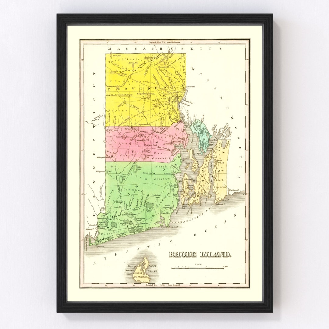 Rhode Island Map 1838 Old Map of Rhode Island Art Vintage Print Framed ...
