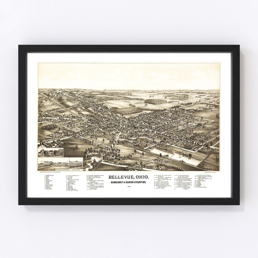 Bellevue Map 1880, Vintage Bellevue Map, Old Bellevue Ohio Art, Wall ...