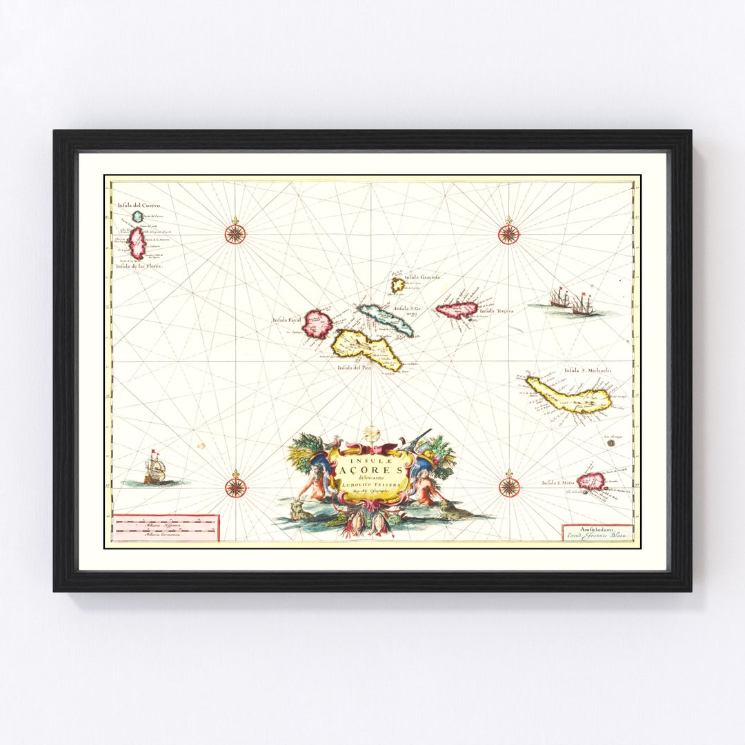 Azores Map 1665 - Old Map of Azores Portugal Art Vintage Print Framed ...