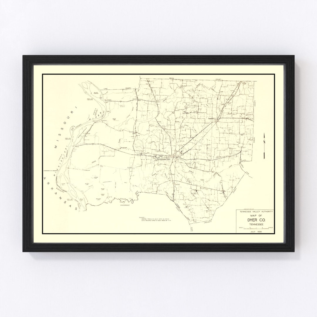 Dyer County TN Map 1936 Old Map of Tennessee Art Vintage Print Framed ...