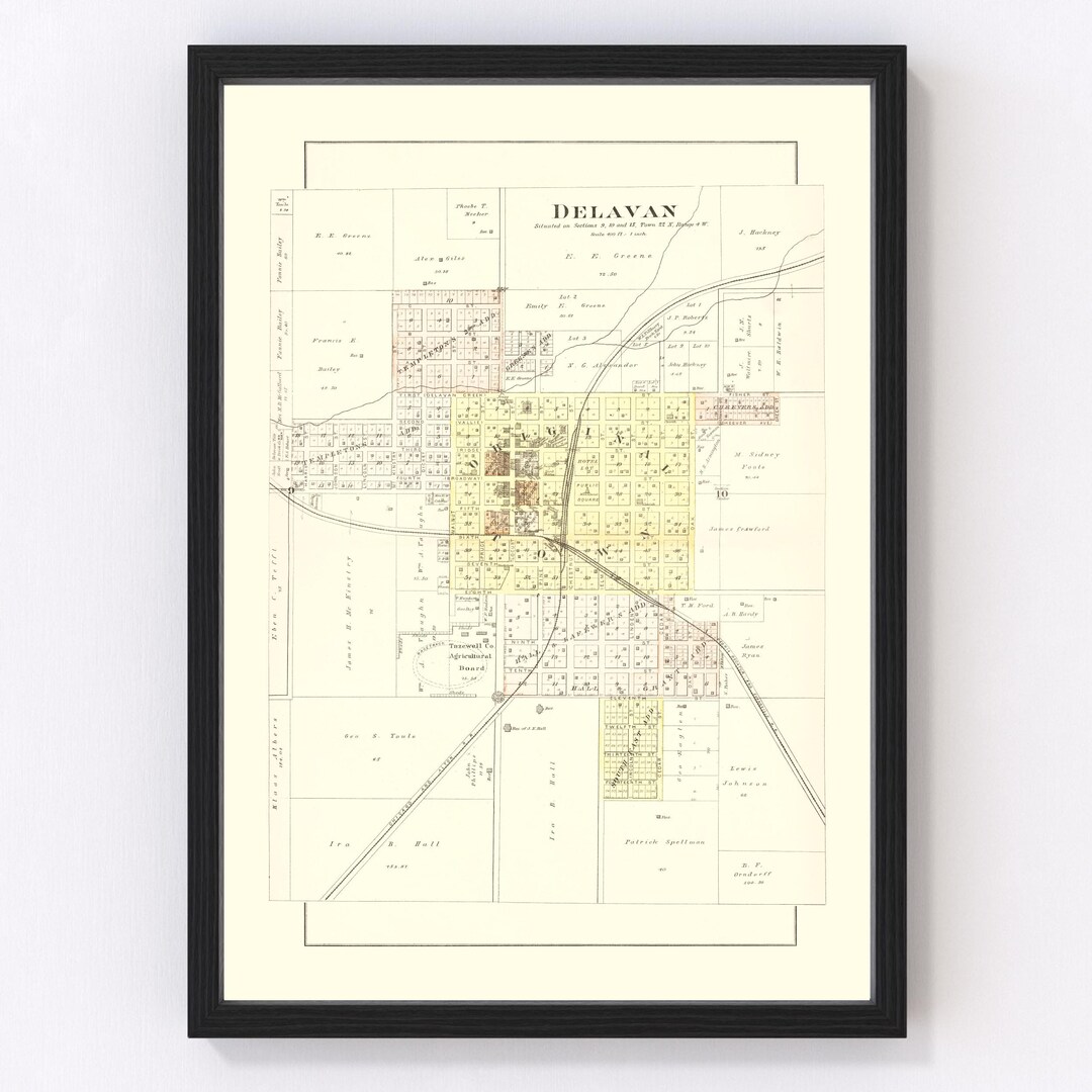 Delavan Map 1891 Old Map of Delavan Illinois Art Vintage Print Framed ...