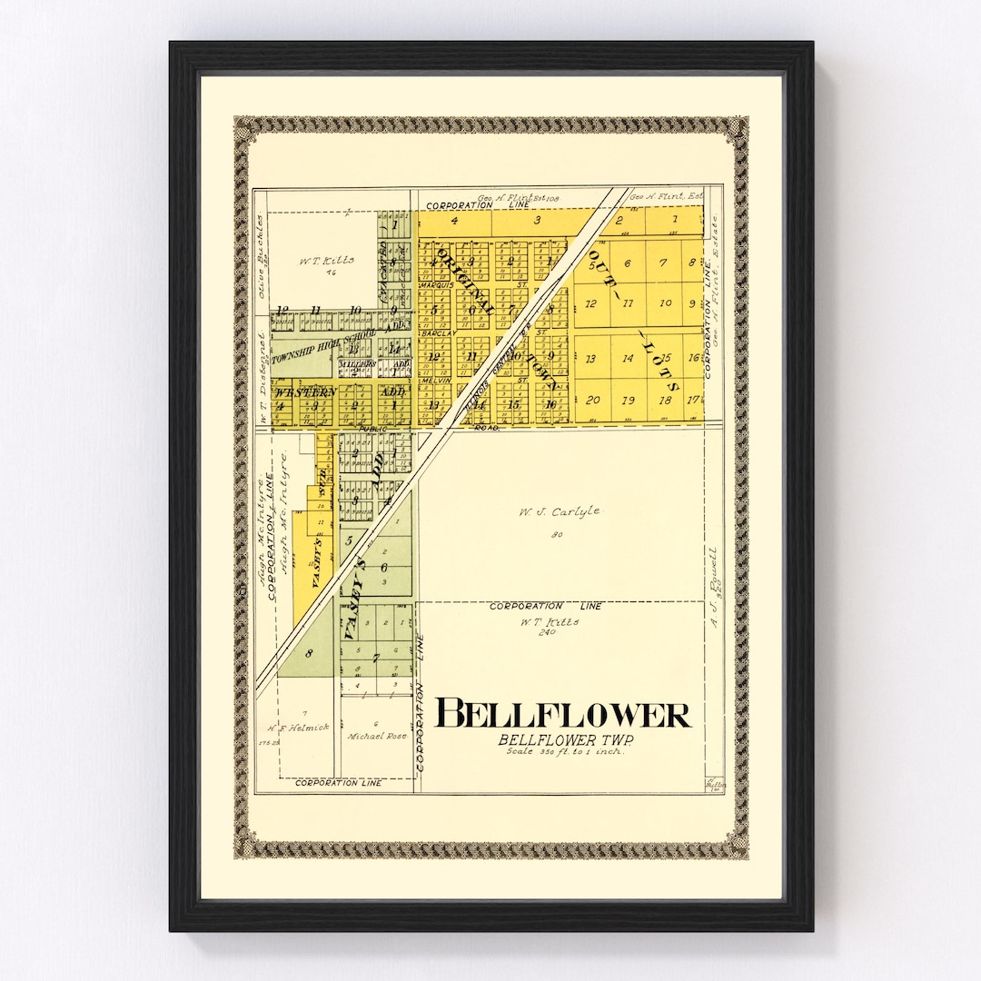 Bellflower Map 1914, Vintage Bellflower Map, Old Bellflower Illinois ...