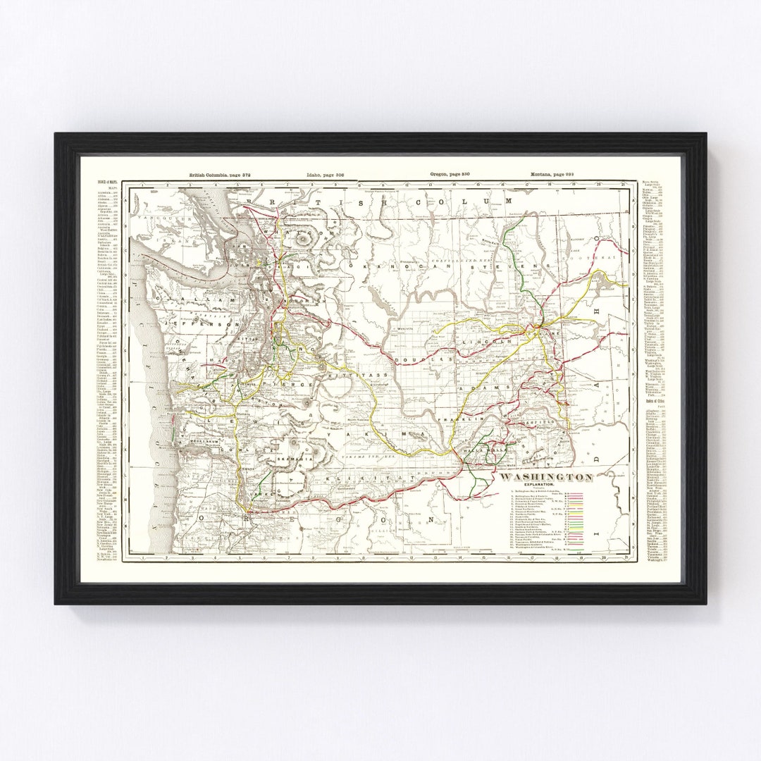 Washington Map 1895 Old Map of Washington Art Vintage Print Framed Wall ...