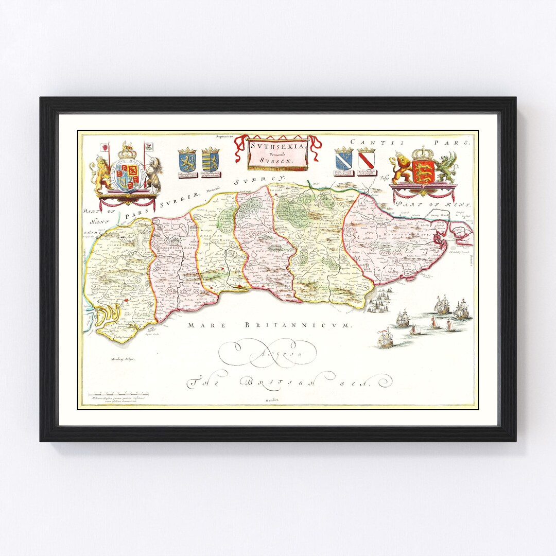 Sussex Map 1665, Vintage Sussex Map, Old Sussex Art, Wall Art Gift for ...